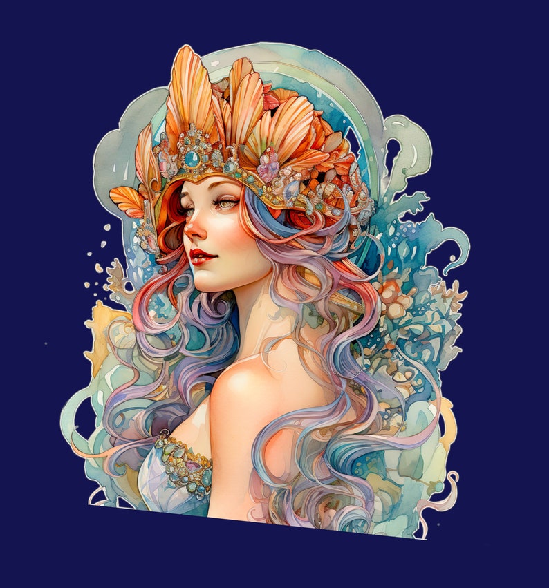 Mermaid Portrait PNG Set, Seashell Crown Art Prints (digital Download ...