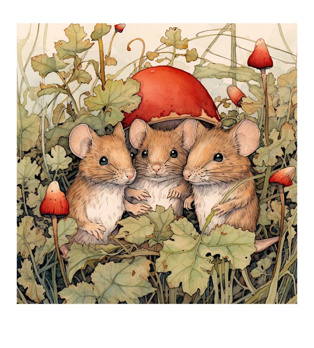 Field Mouse Mushroom Printable A Trio of Cute Mice Under Red Mushroom ...