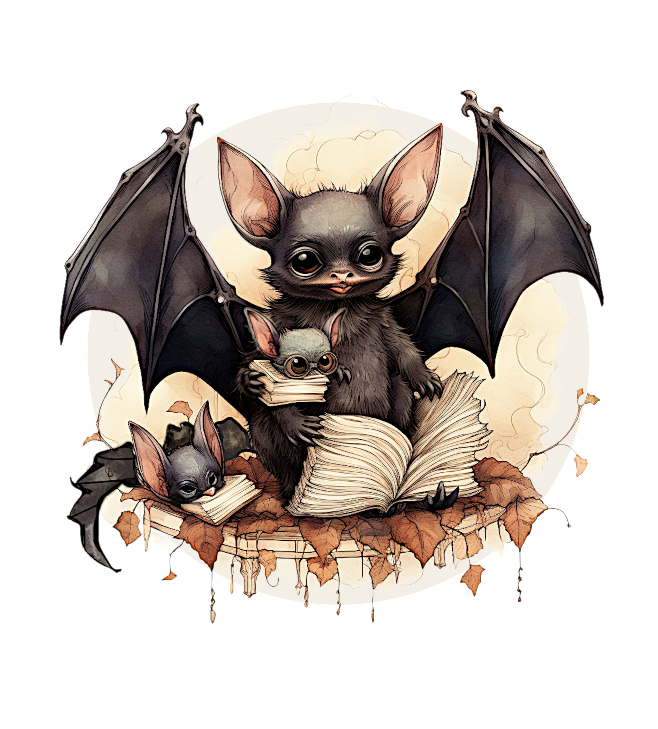 Gothic Bats Reading Together Printable Bats Cute Digital Prints Clear ...