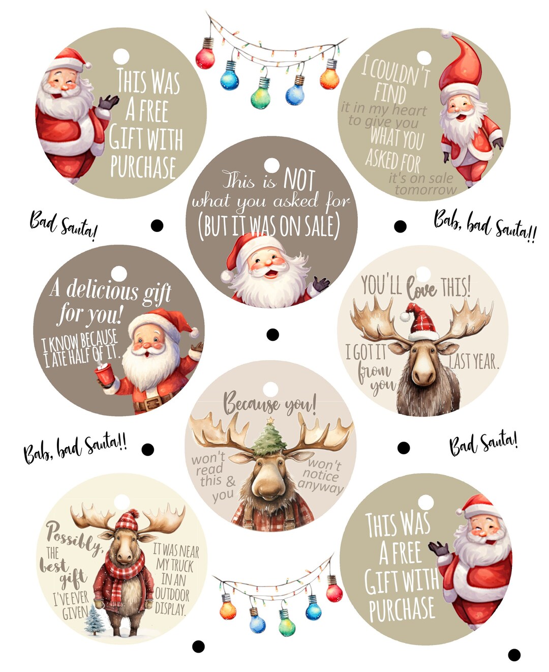 Bad Santa Gift Tags Set of 8 in 3 Image Files to Download Santa Claus's ...