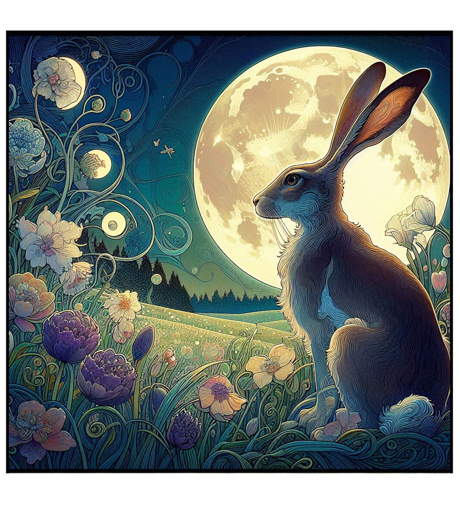 Hare Illustration in A Meadow in Moonlight Digital Download Ai ...