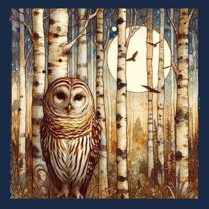 Barred Owl in Birch Forest JPG Nature Animal Illustration Digital ...