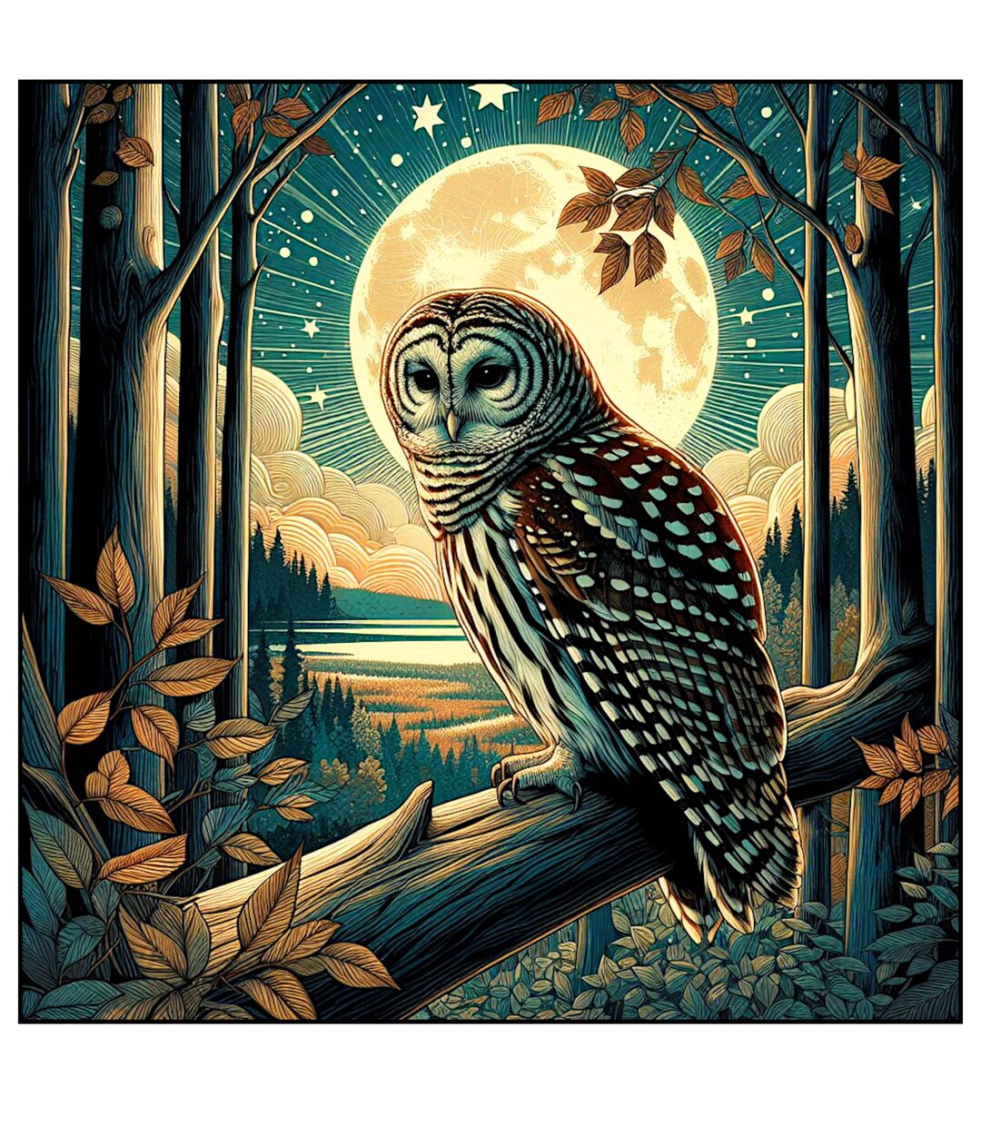Barred Owl Print, Woodland Moonscape Illustration (digital Download) - Etsy