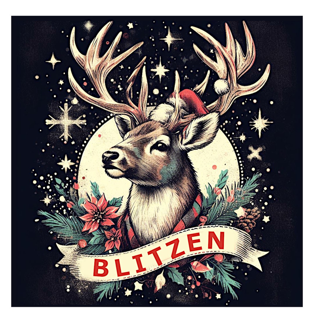 Reindeer Christmas Portrait Wall Decor Blitzen Holiday Illustration ...