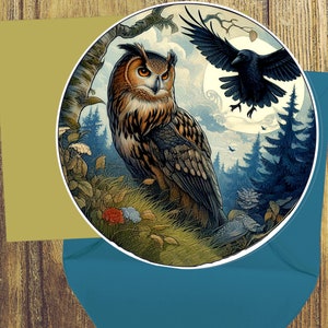 Owl and Crow Woodland Birds Digital Illustration JPG Printable Wall Art ...