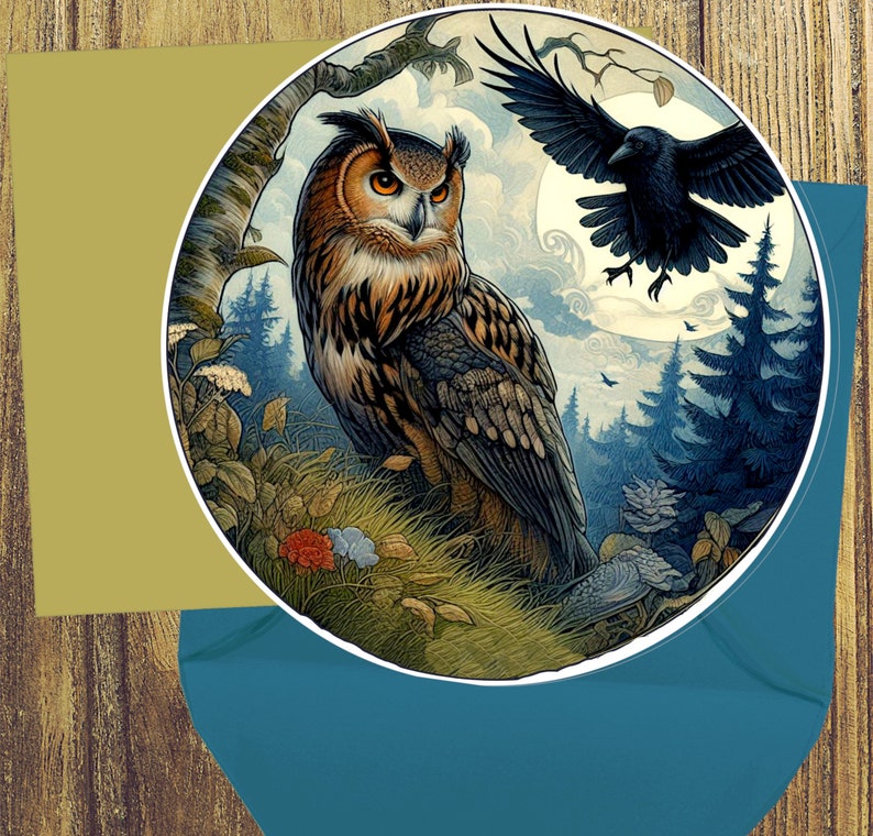 Owl and Crow Woodland Birds Digital Illustration JPG Printable Wall Art ...