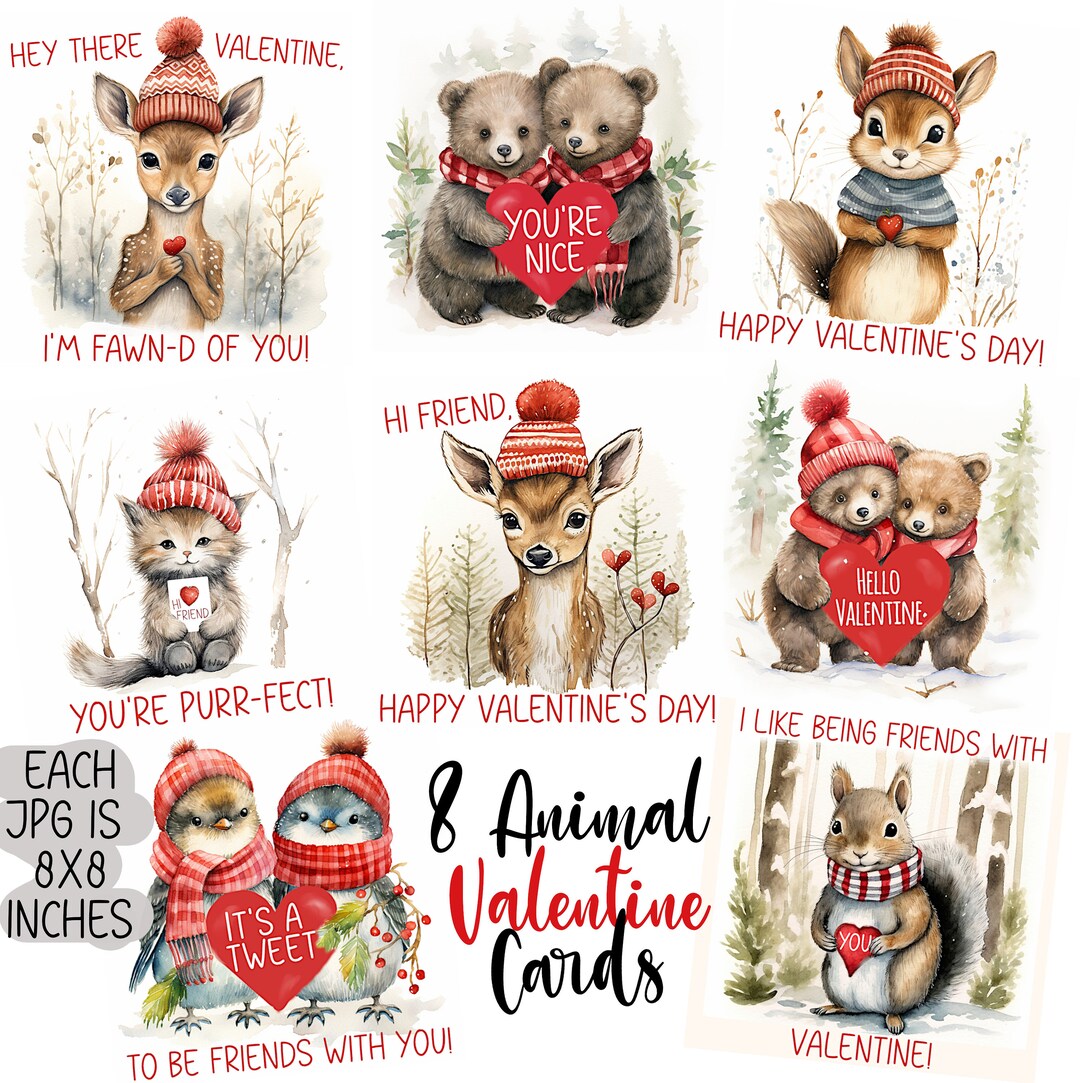Animal Valentine Cards for Kids Set of 8 Printable Valentine Cards 8x8 ...