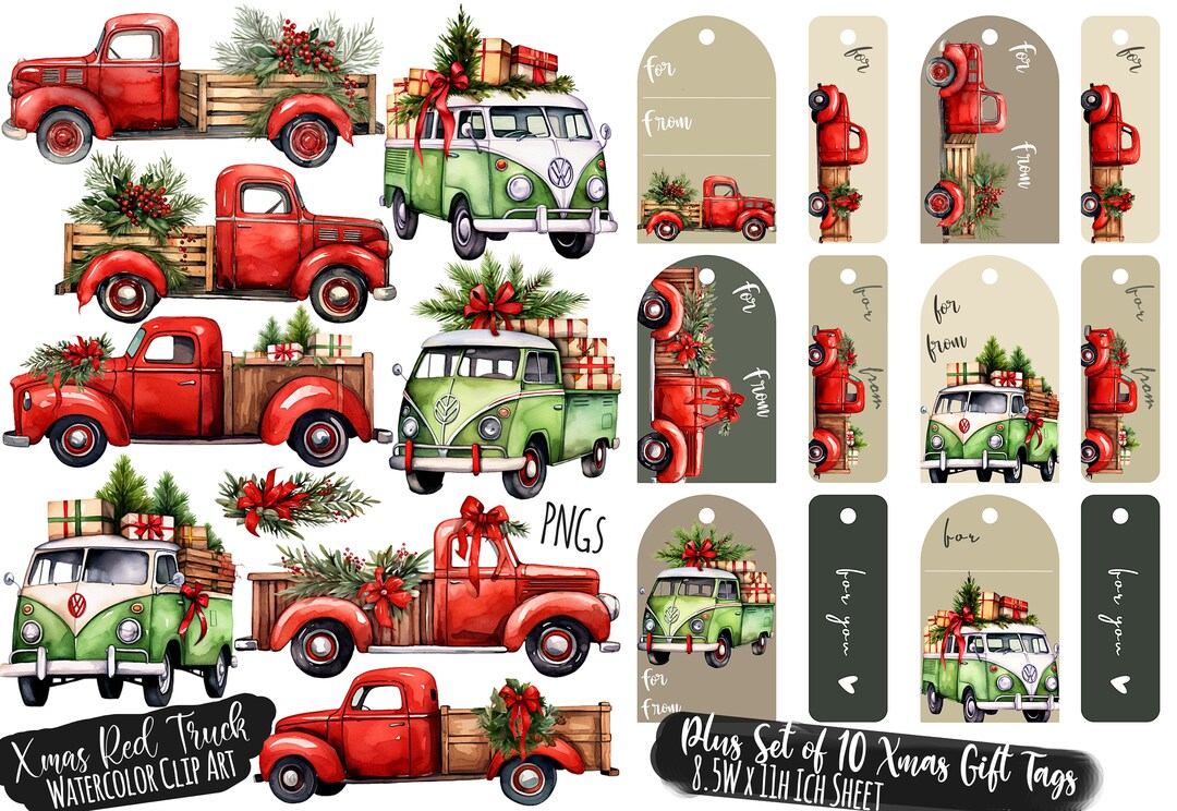 2 for 1 Sale Christmas Red Truck Gift Tags Printable JPG Sheet Plus Red ...
