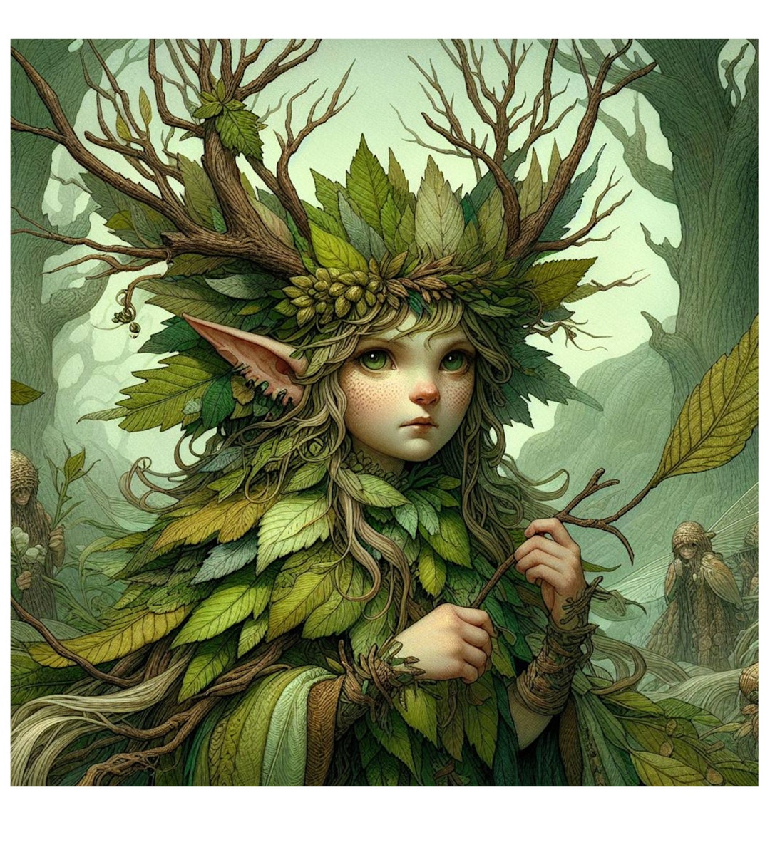 Forest Creature Fae in A Crown of Leaves and Woodland Plants Printable ...