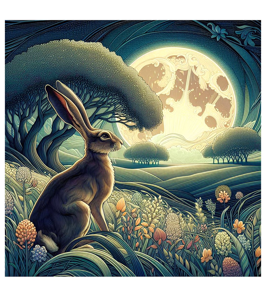 Hare in the Meadow Moonlight Digital Printable Rabbit Art to Download ...