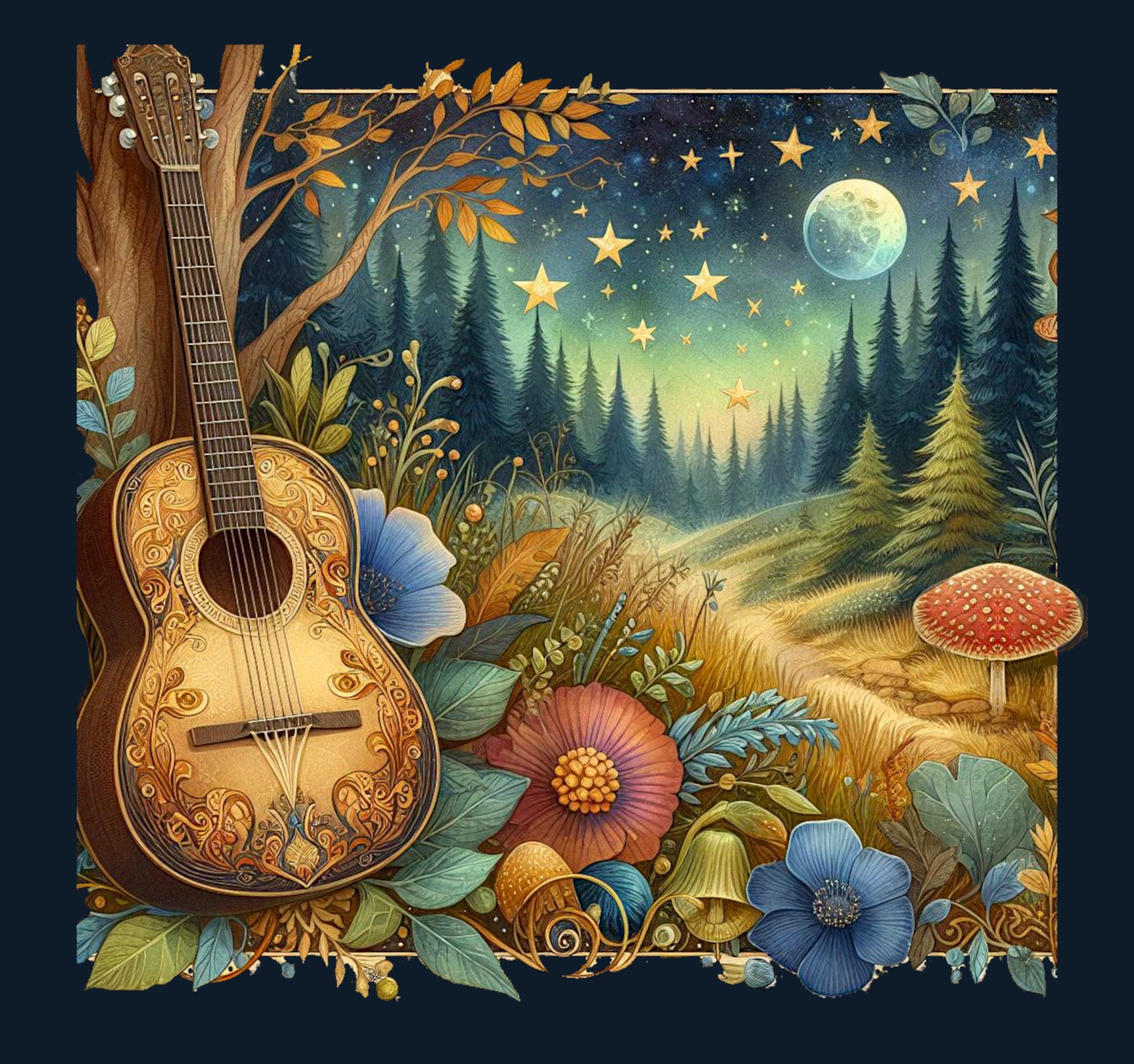 Guitar Night Forest PNG Digital Illustration Woodland Scenery Guitar ...