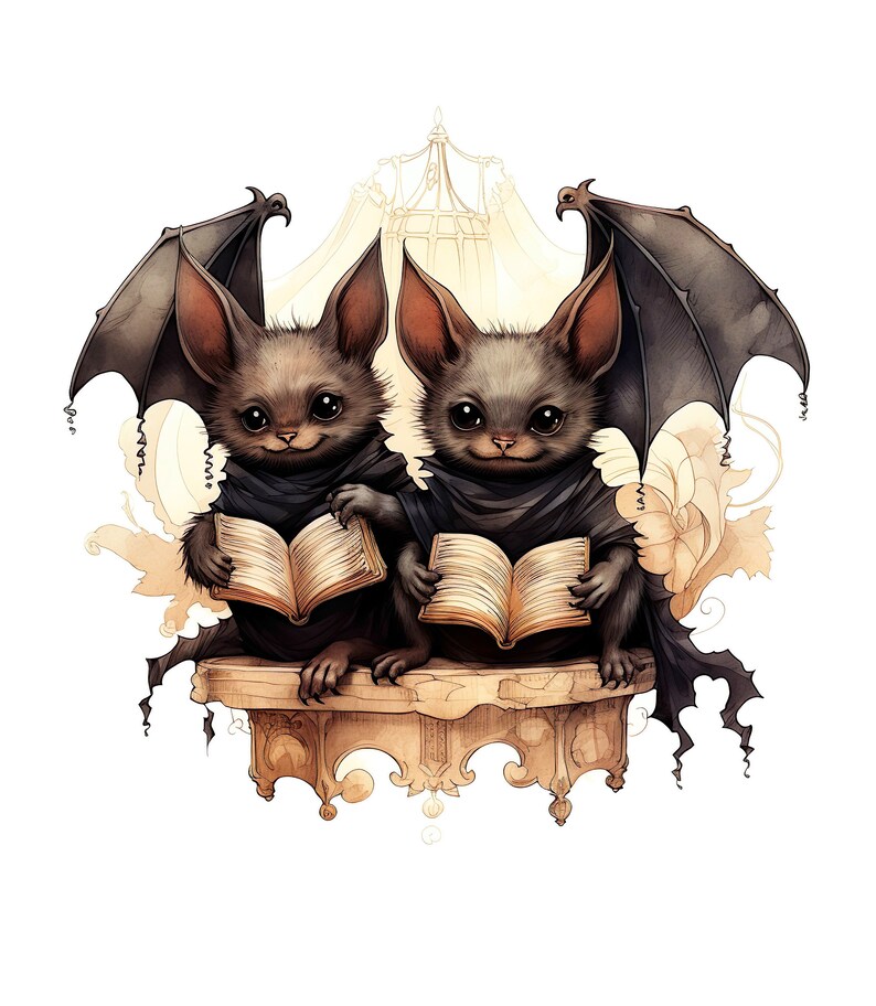Reading Bats Digital Illustration PNG Animal Printable Spooky - Etsy