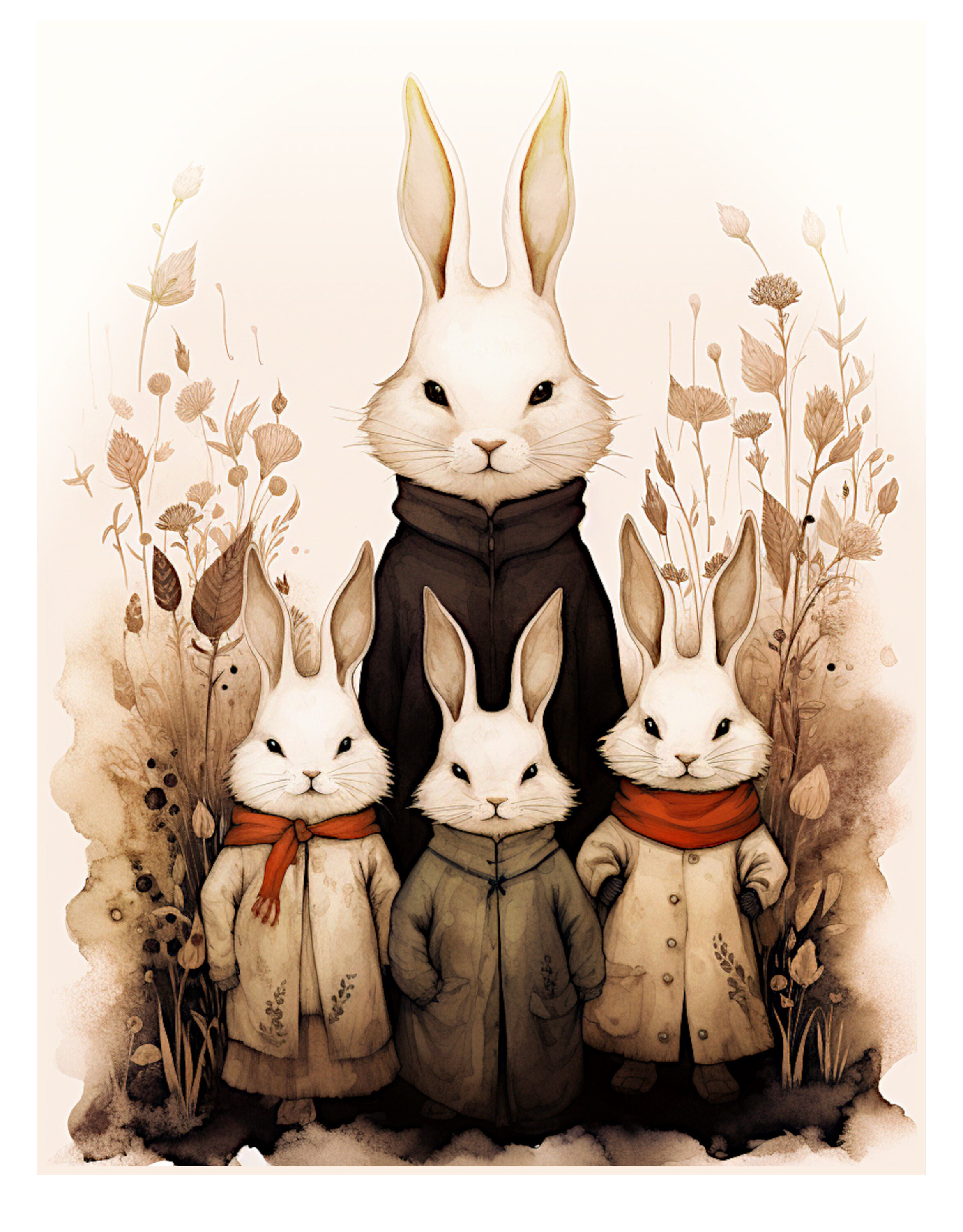 White Rabbit Dad With Rabbit Children Digital Illustration - Etsy
