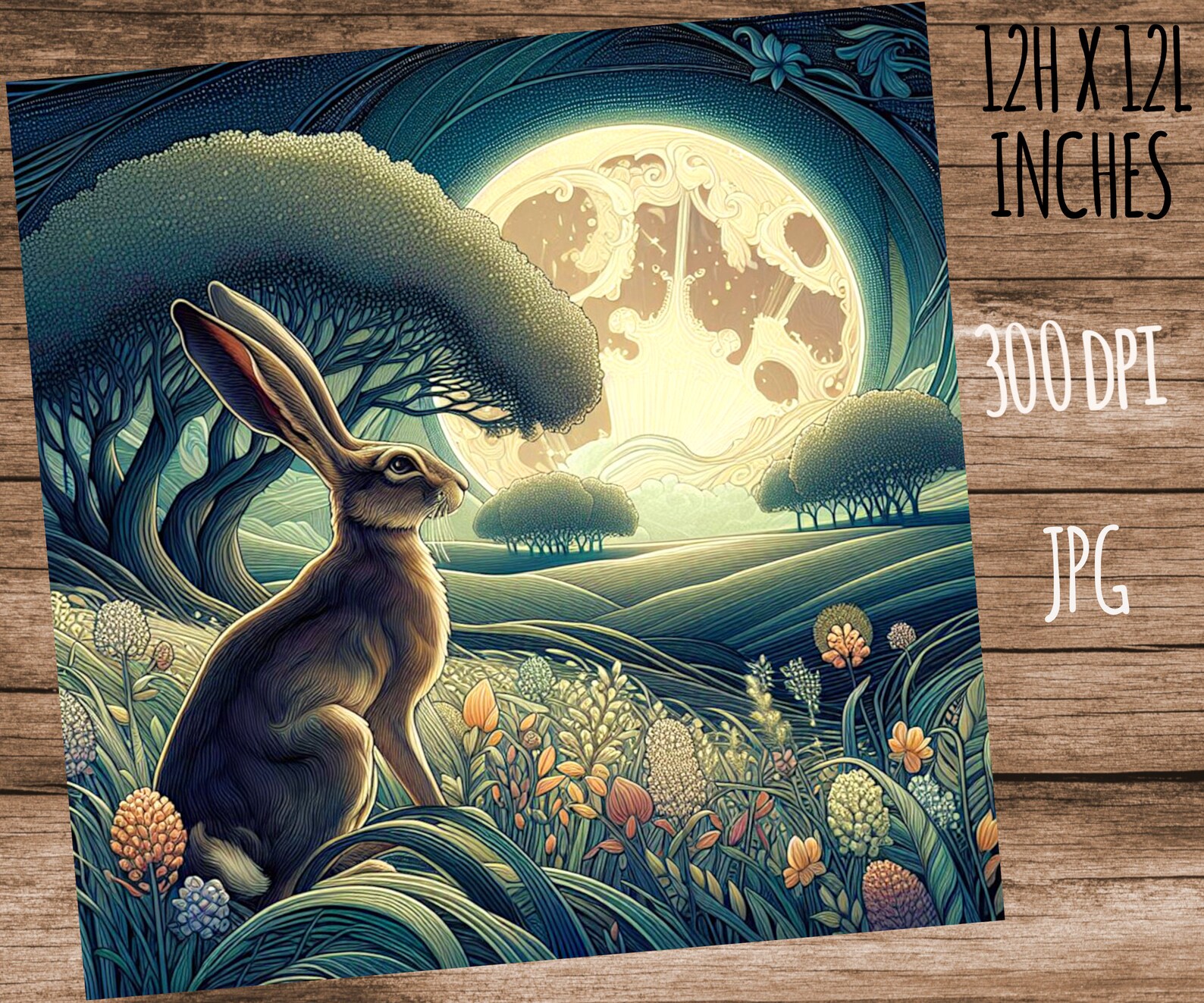 Hare in the Meadow Moonlight Digital Printable Rabbit Art to Download ...