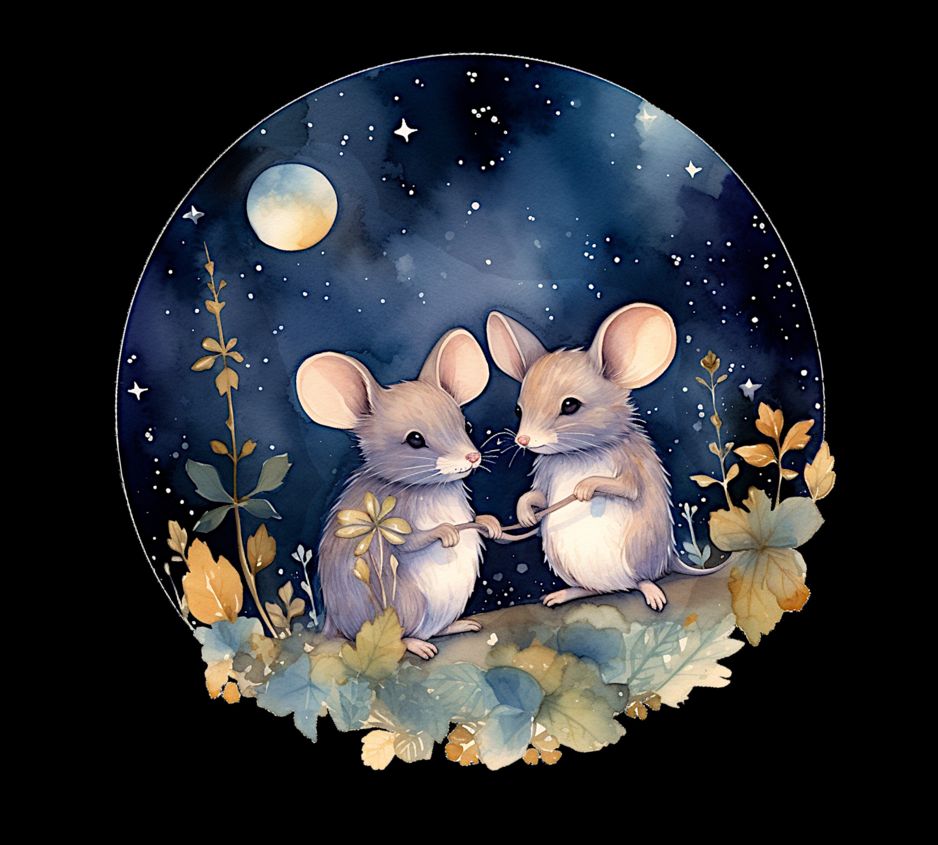Mouse Couple PNG Watercolor Mice Under the Moon and Stars - Etsy