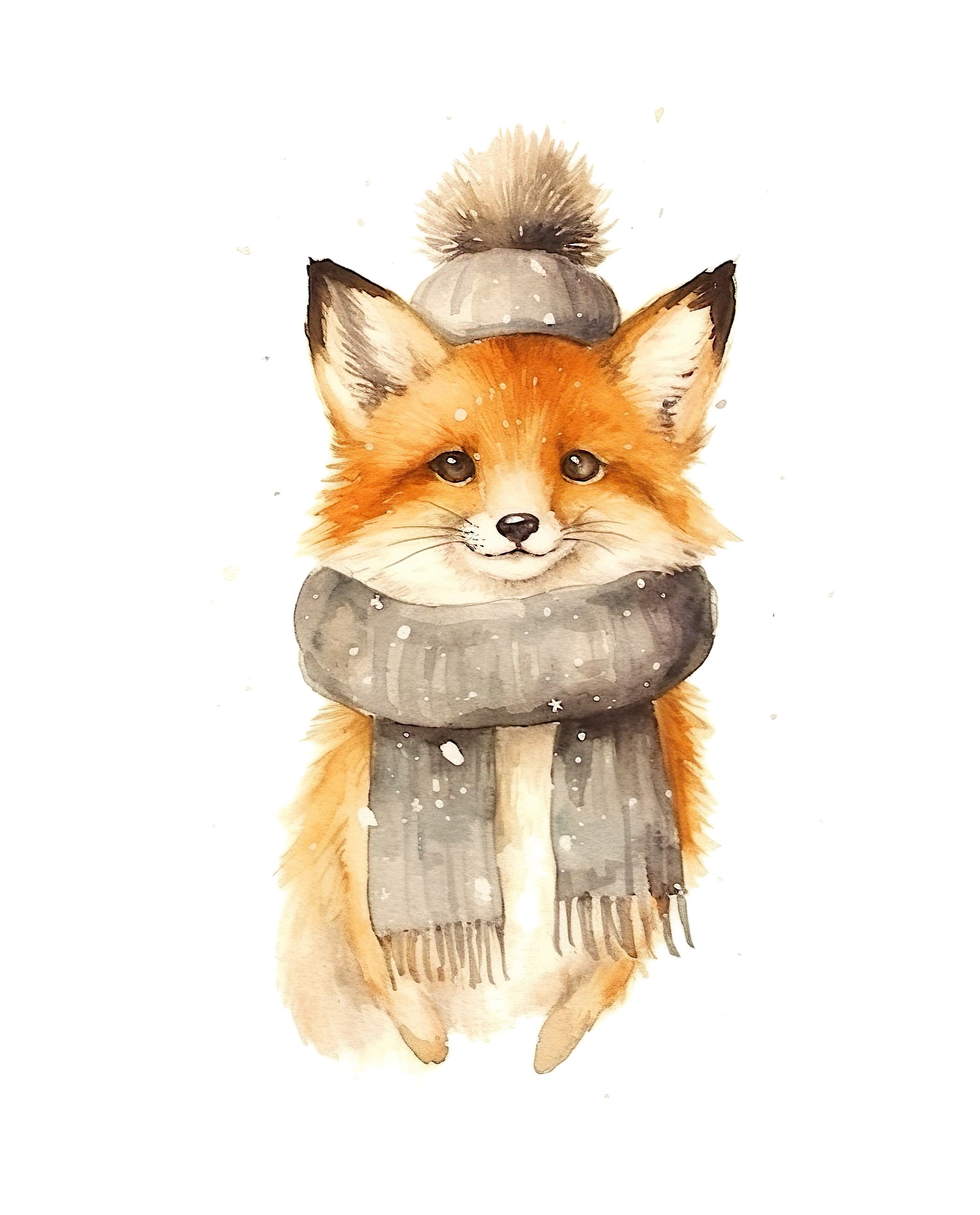 Watercolor Fox Digital Illustration Wearing Warm Winter - Etsy