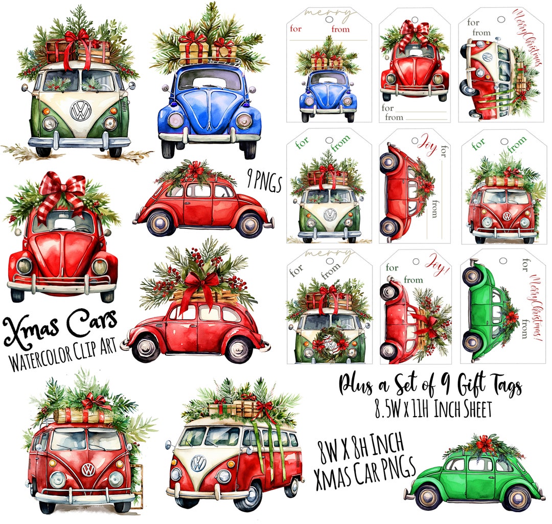 Christmas Cars Set of 9 Pngs Plus Gift Tag Set of Holiday Decorated Vws ...