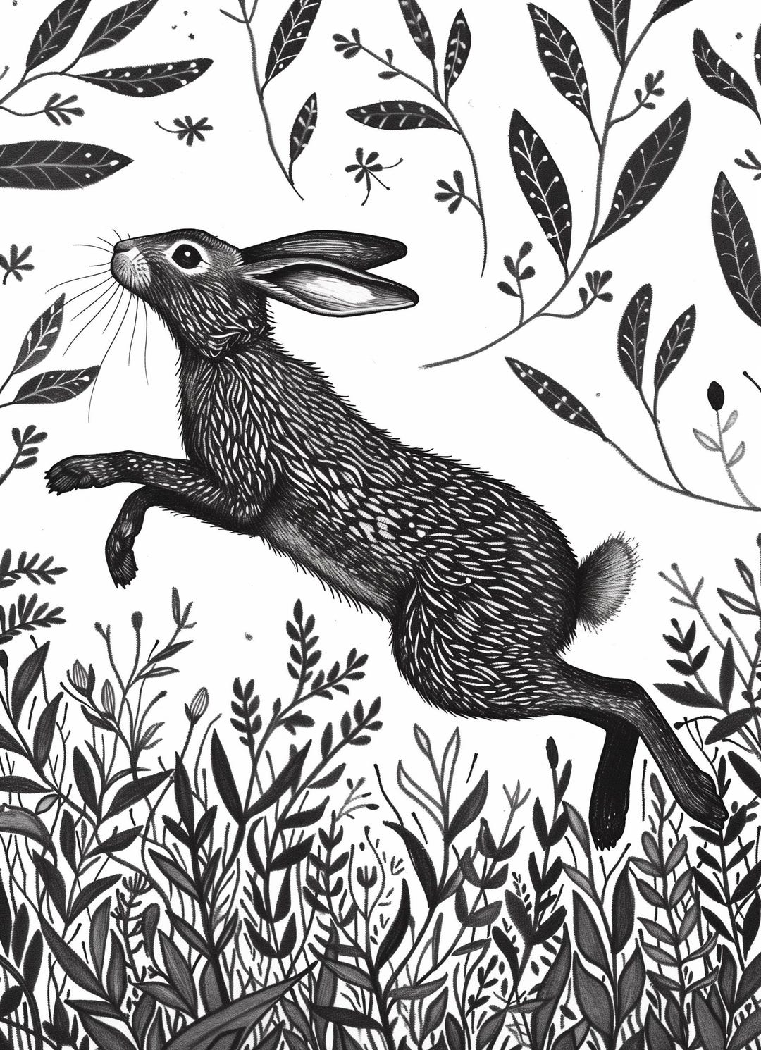 Folk Art Rabbit Prints Png Hares Black and White Printable Linocut ...