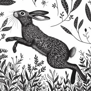 Folk Art Rabbit Prints Png Hares Black and White Printable Linocut ...