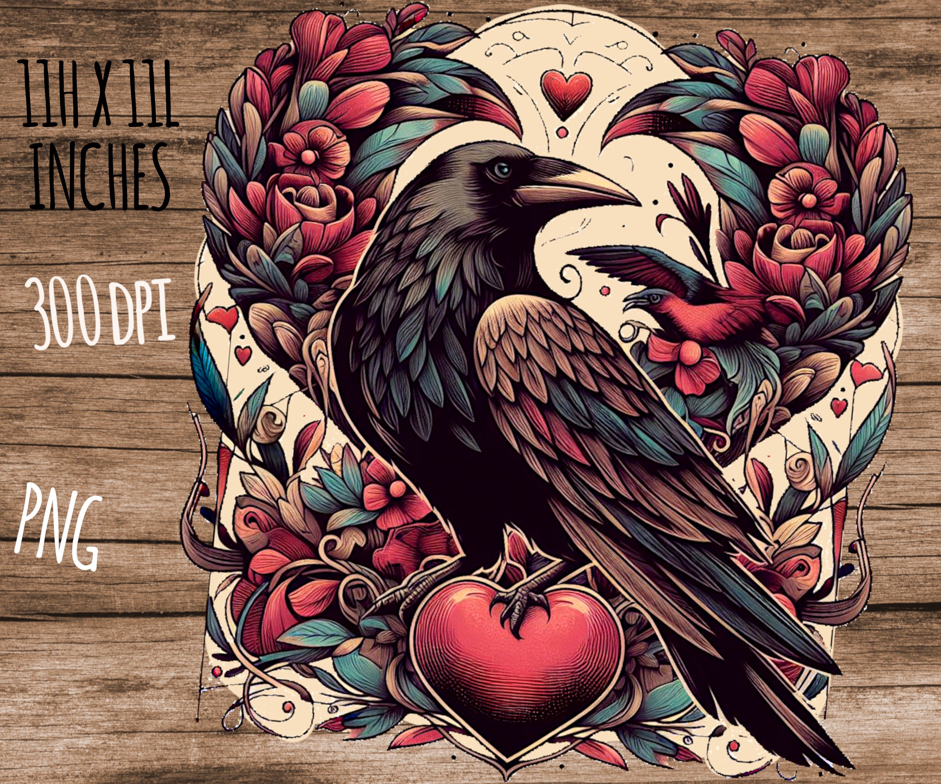 Raven Heart Valentine PNG Bird Art Printable 12x12inch Wings - Etsy