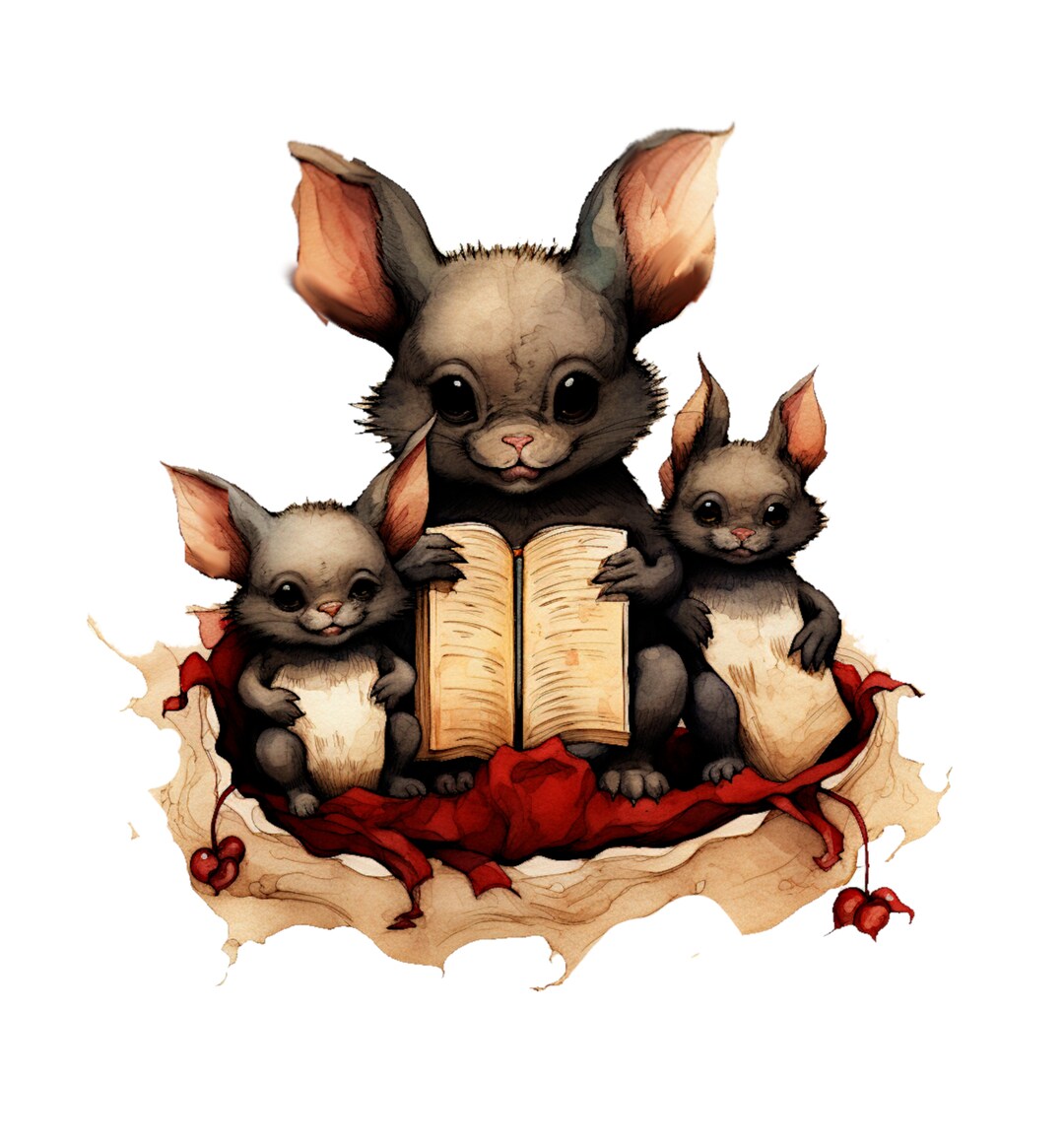 Cute Bat Family PNG Printable Ai Animal Illustration Woodland Animals ...
