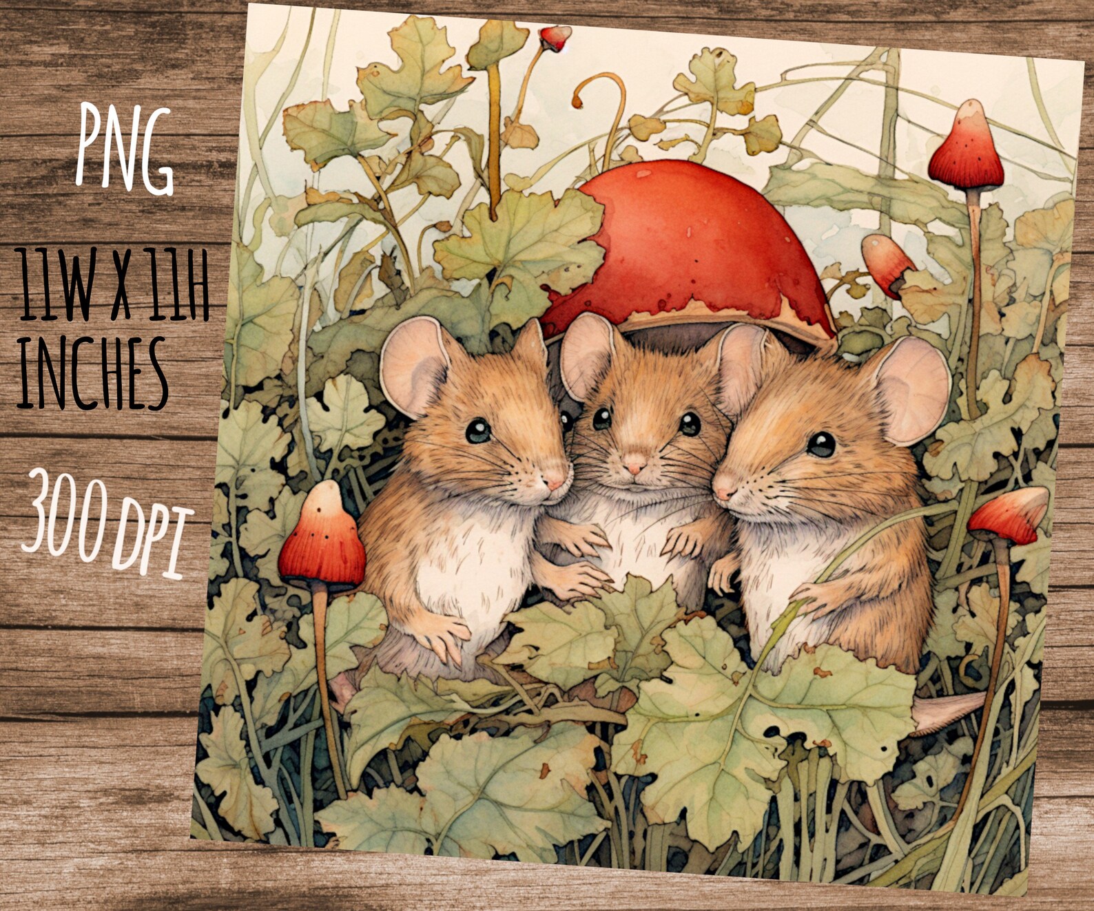 Mouse Trio Watercolor Print | Cute Mice Under Mushroom (digital ...