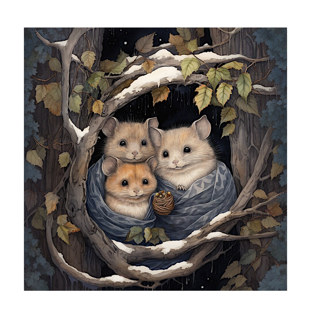 Cozy Wood Rat Family Tree Home in Winter Children's Book Style Wall Art ...