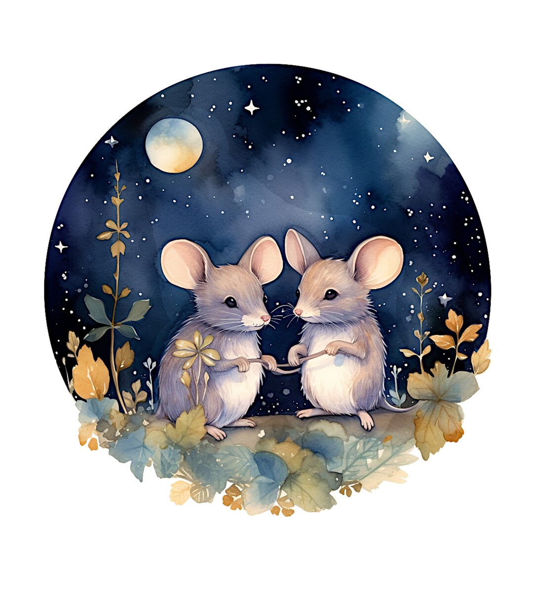 Mouse Couple PNG Watercolor Mice Under the Moon and Stars Printable Art ...
