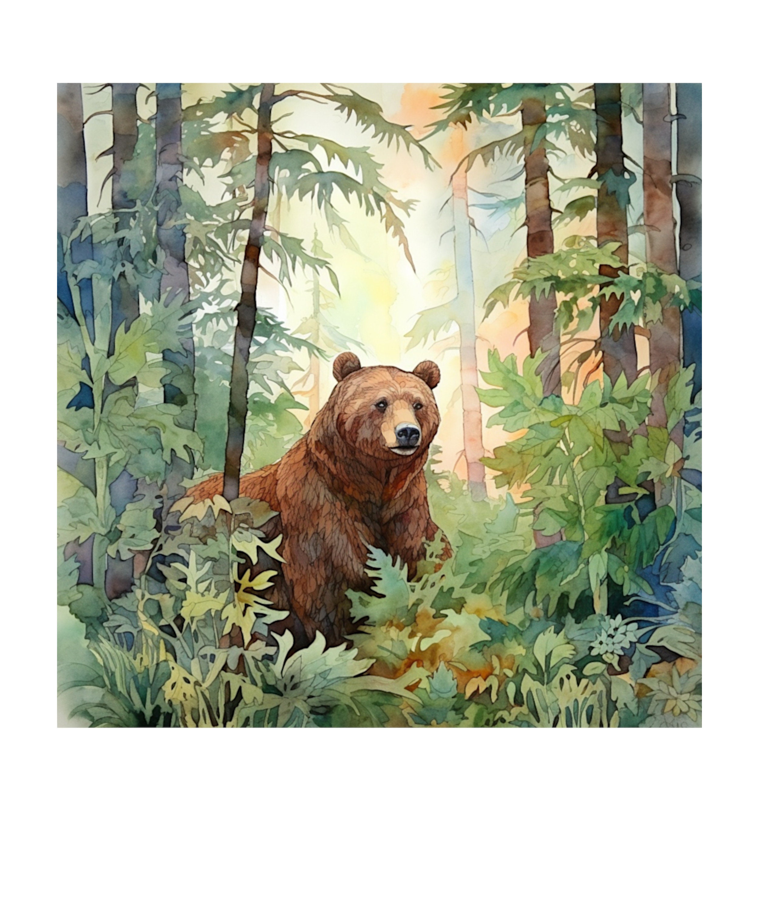 Watercolor Bear in Woods Printable PNG Brown Bear Grizz in Forest Hiker ...