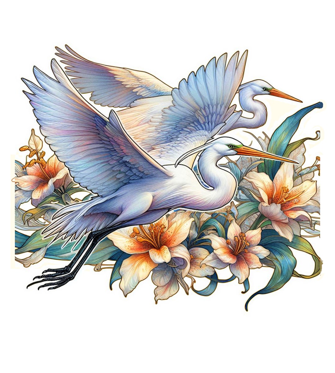 Flying Egret Wild Bird PNG Printable With Lily Flowers Nature Sticker ...