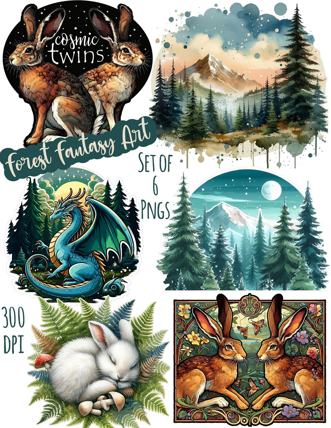 Nature Sticker Art Forest Fantasy Set of 6 PNG Forest Themed Printable ...
