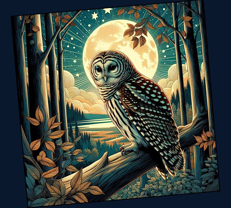 Forest Owl Nature Print Woodland Barred Owl in Moonlight Digital ...