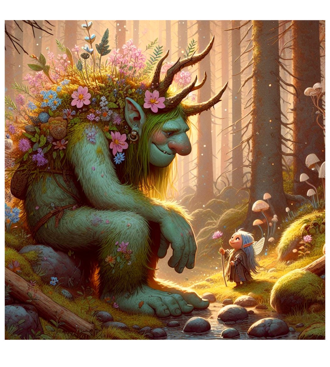 Forest Creature Troll in Wildflowers With Elf Girl Wall Art JPG ...