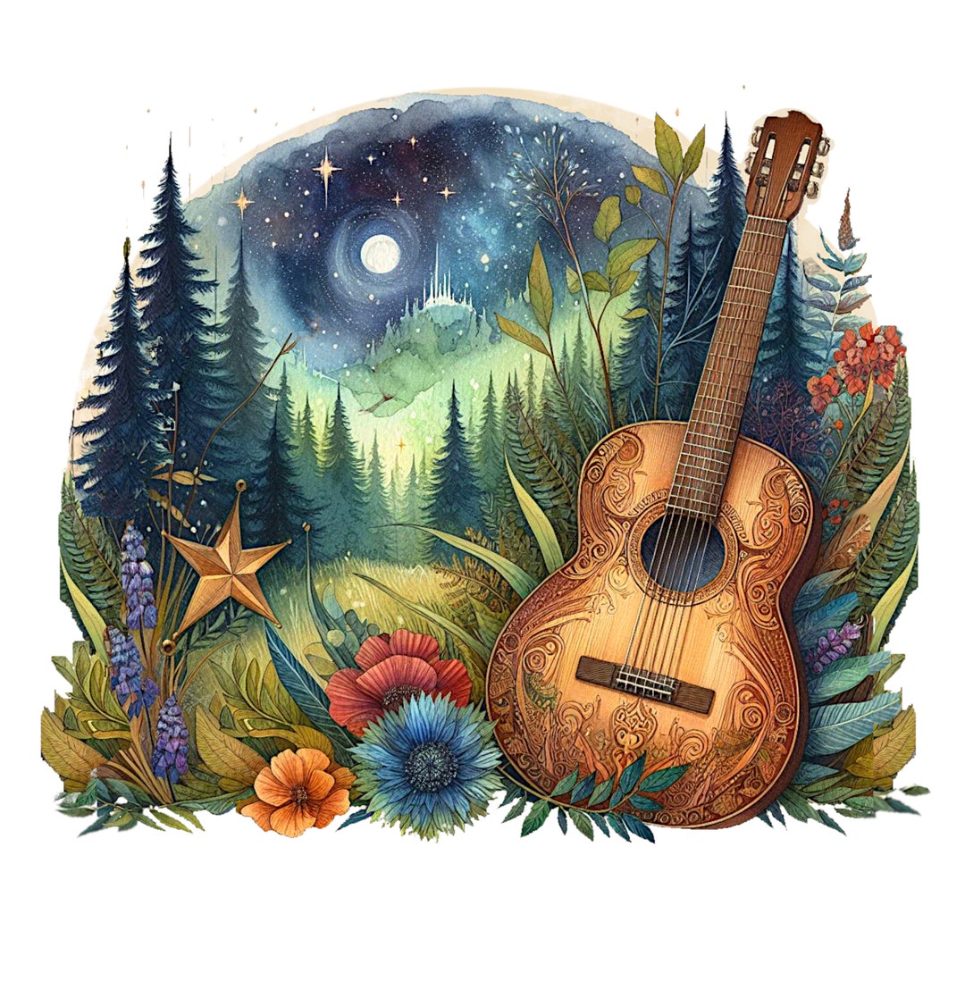 Guitar Forest Landscape Digital Illustration Musical Instrument PNG ...