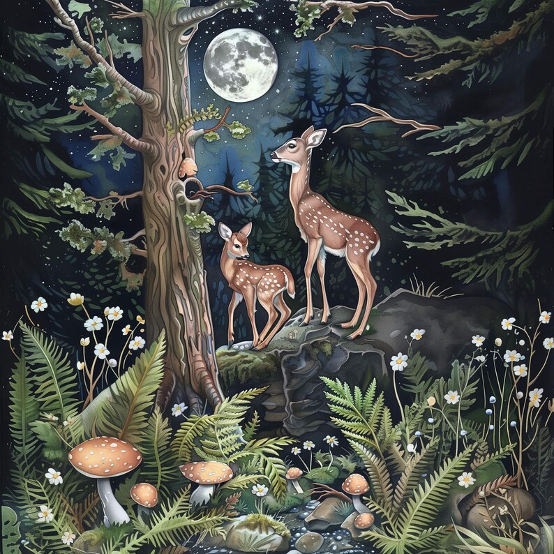 Moonlight Forest Fawns and Owl Animal Prints Set of Four Digital Animal ...
