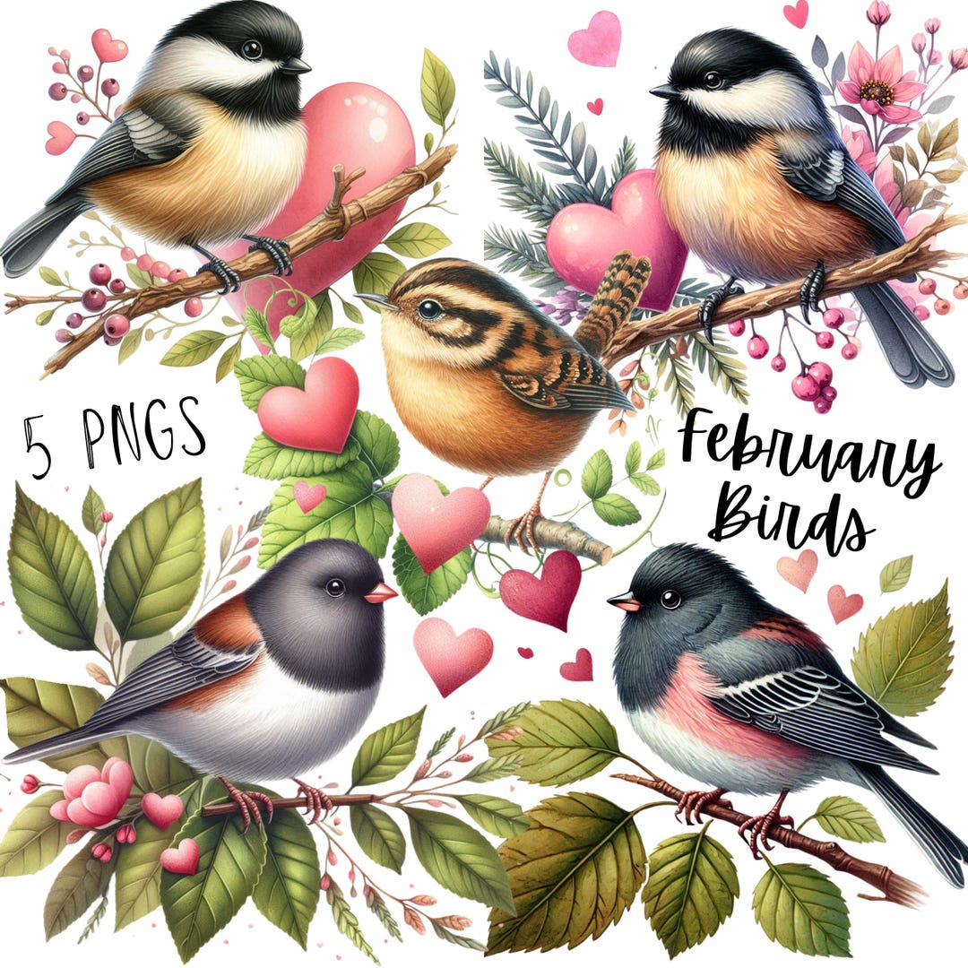 February Birds Set of 5 Valentinè Bird Printables Heart Pngs With ...