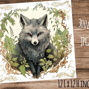 Silver Fox in Woodland Border Digital Illustration Fox Printable JPG ...
