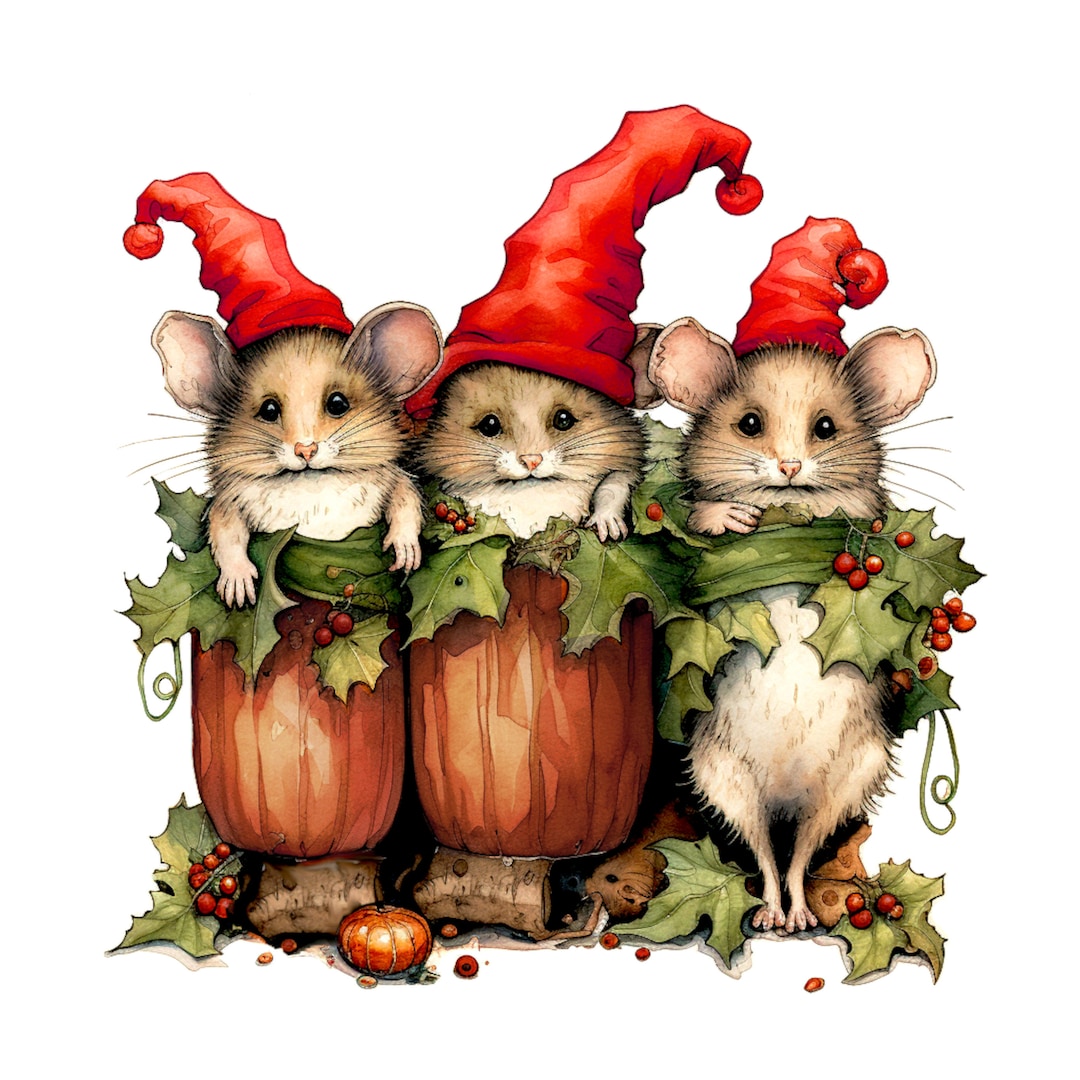 Three Holiday Mice PNG Printable Blank Card Art Xmas Decor Prints 10x10 ...