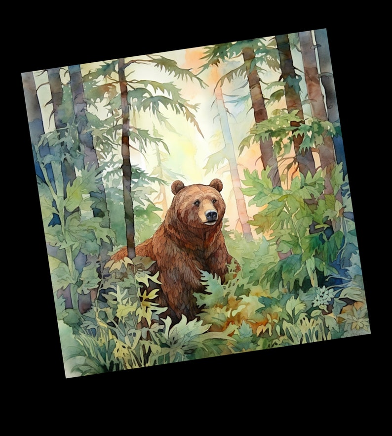 Watercolor Bear in Woods Printable PNG Brown Bear Grizz in Forest Hiker ...