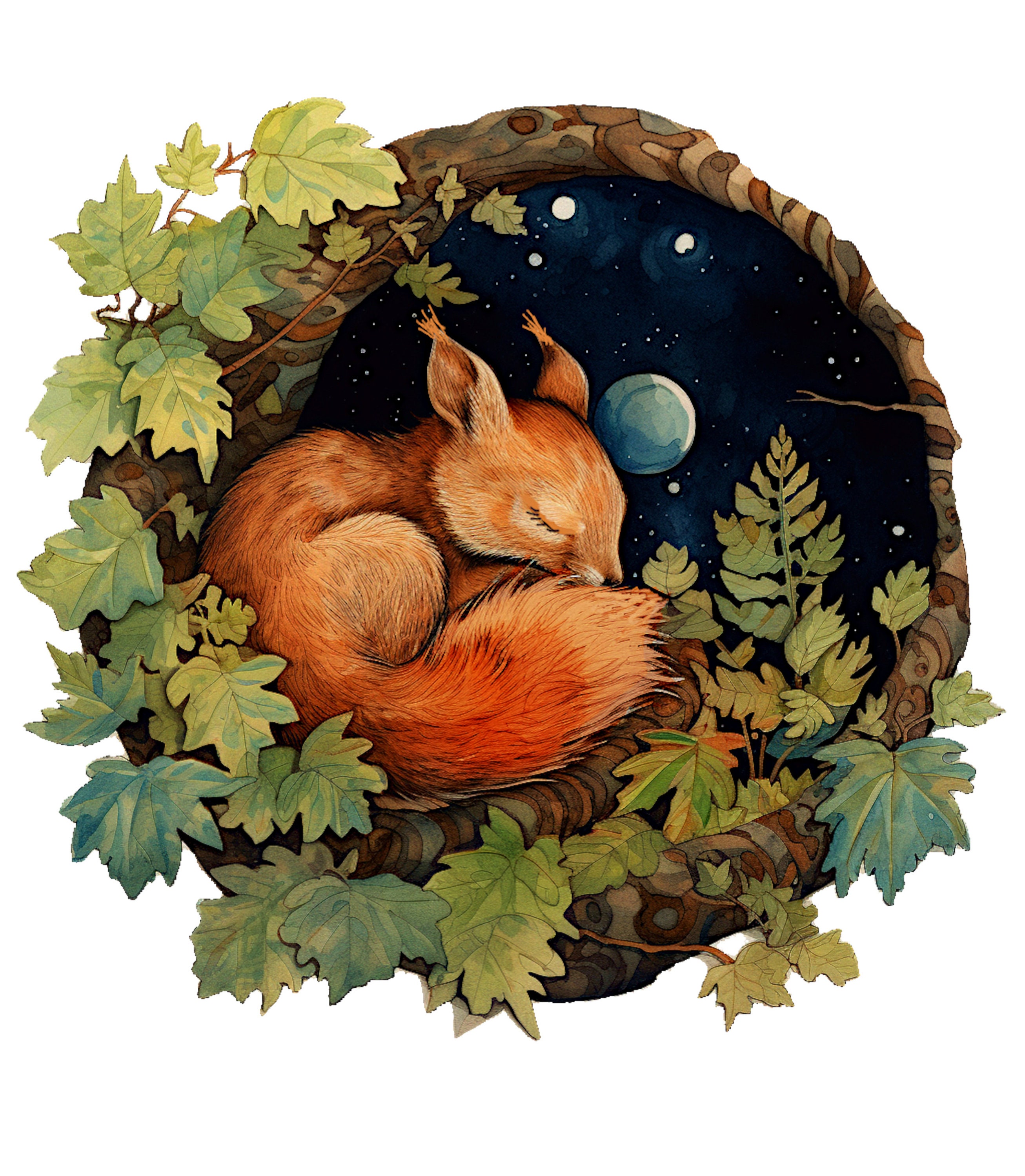 Red Squirrel Sleeping Under the Moon and Stars Digital Illustration ...