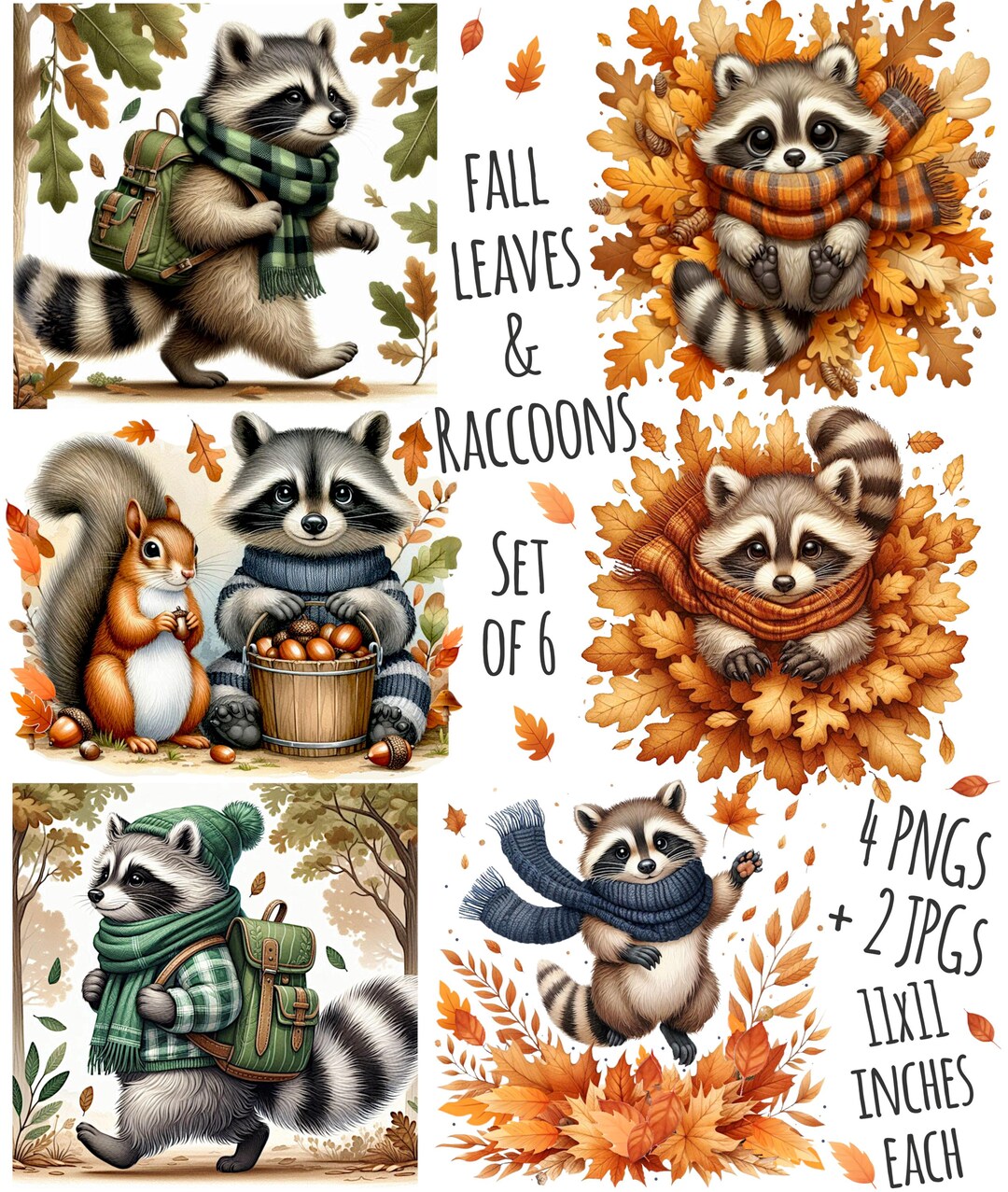 Autumn Leaves Hiking Raccoons Fall Printable Pngs Set of 6 Fall Animal ...