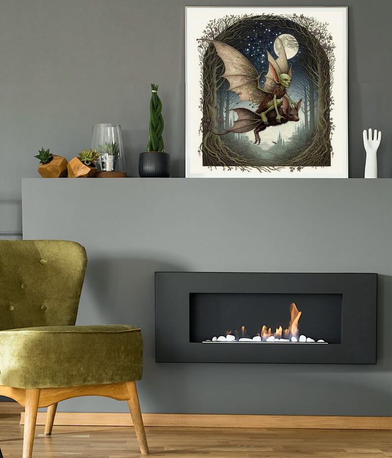 Forest Creatures Troll Riding on A Bat Moon and Stars Goblin Core ...