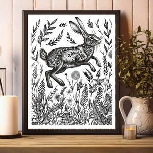 Folk Art Rabbit Prints Png Hares Black and White Printable Linocut ...