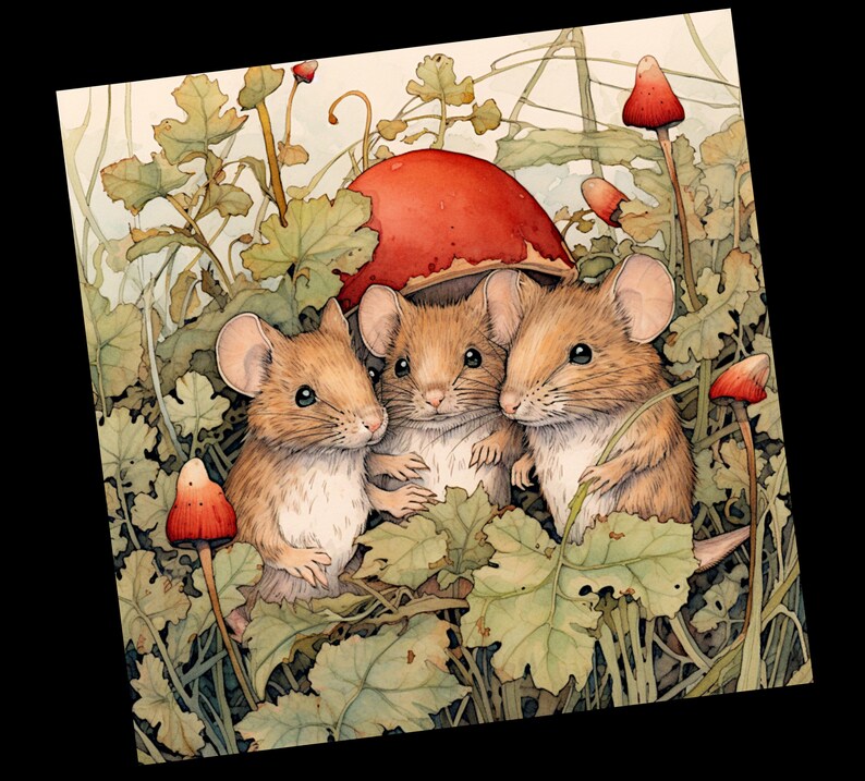 Field Mouse Mushroom Printable A Trio of Cute Mice Under Red Mushroom ...