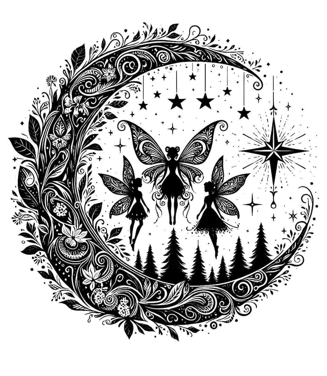 Forest Fairies Moon Print One Color Silhouette Fairy PNG Printable ...