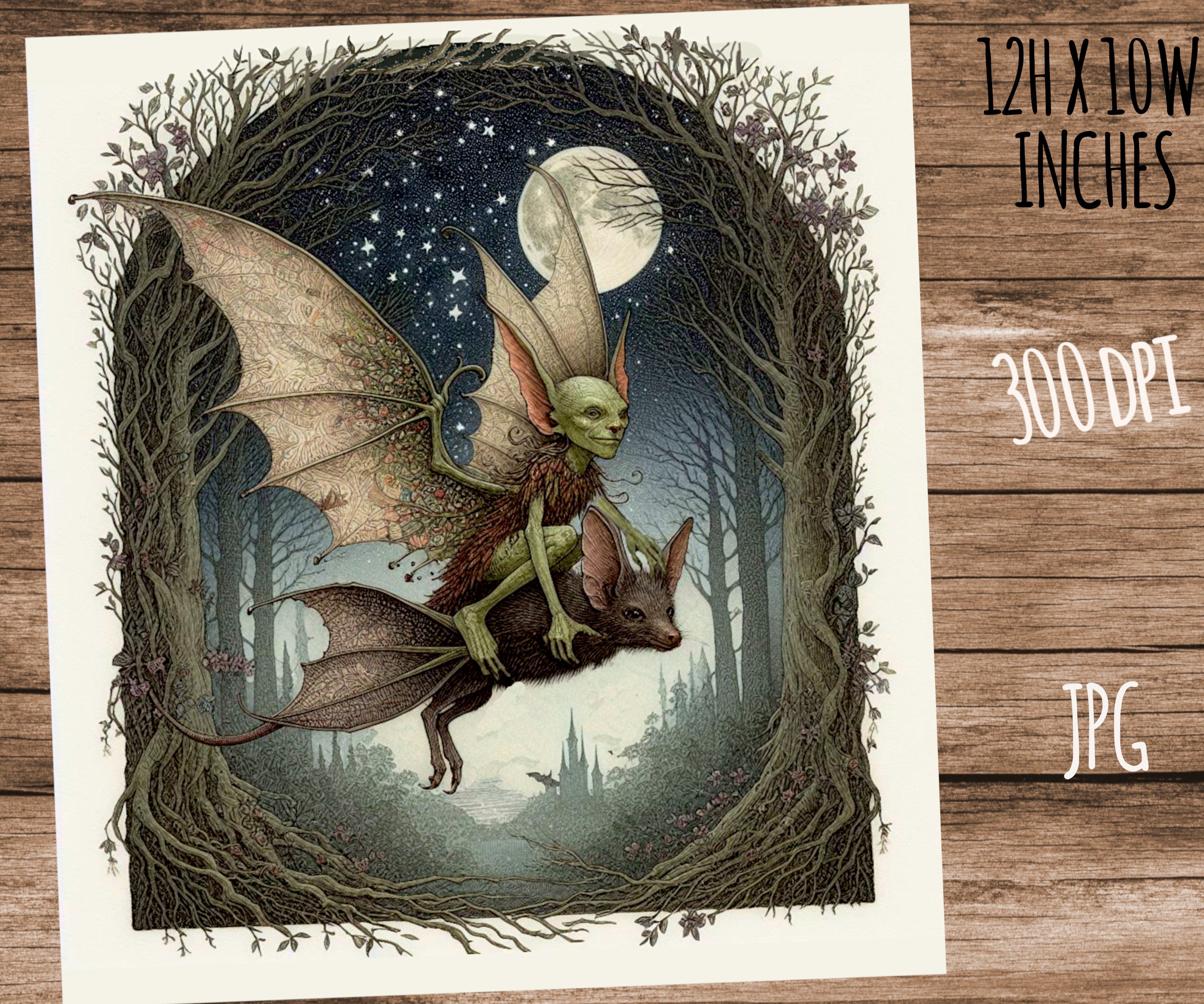 Forest Creatures Troll Riding on A Bat Moon and Stars Goblin Core ...