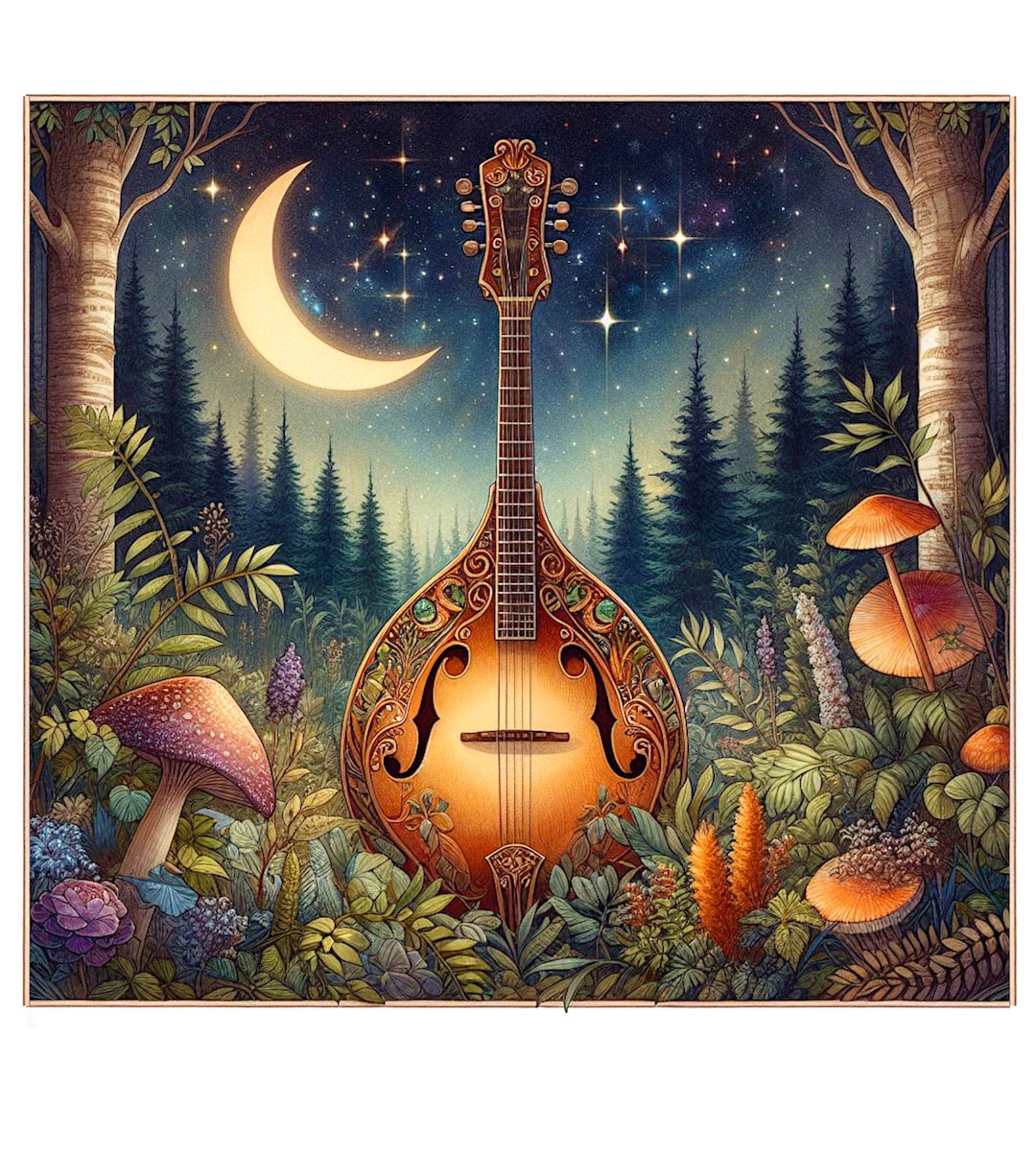 Woodland Forest Mandolin Print Musical Instrument Art With Mushrooms ...