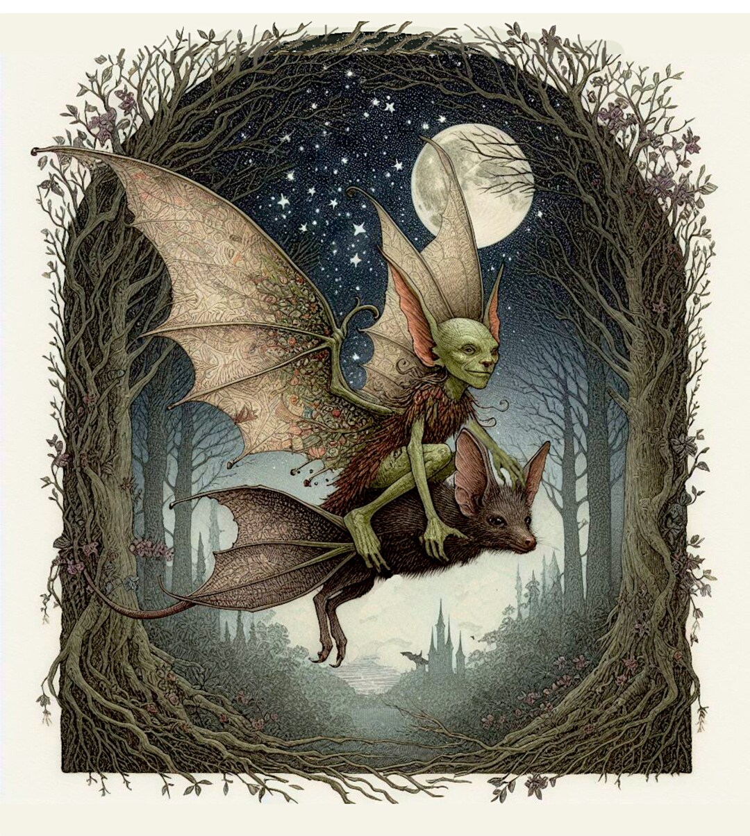 Forest Creatures Troll Riding on A Bat Moon and Stars Goblin Core ...