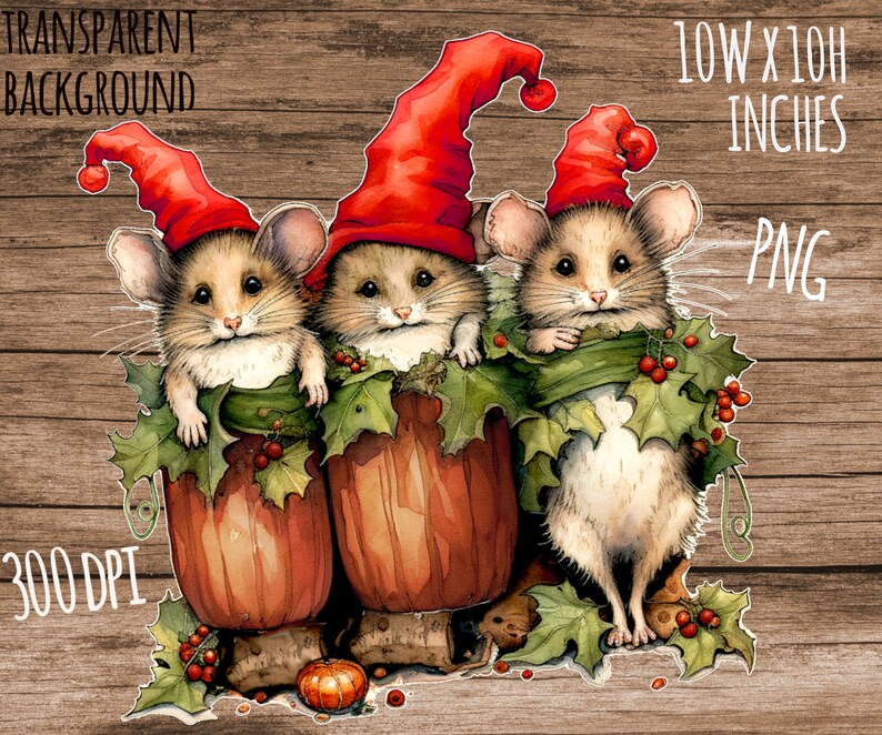 Three Holiday Mice PNG Printable Blank Card Art Xmas Decor Prints 10x10 ...