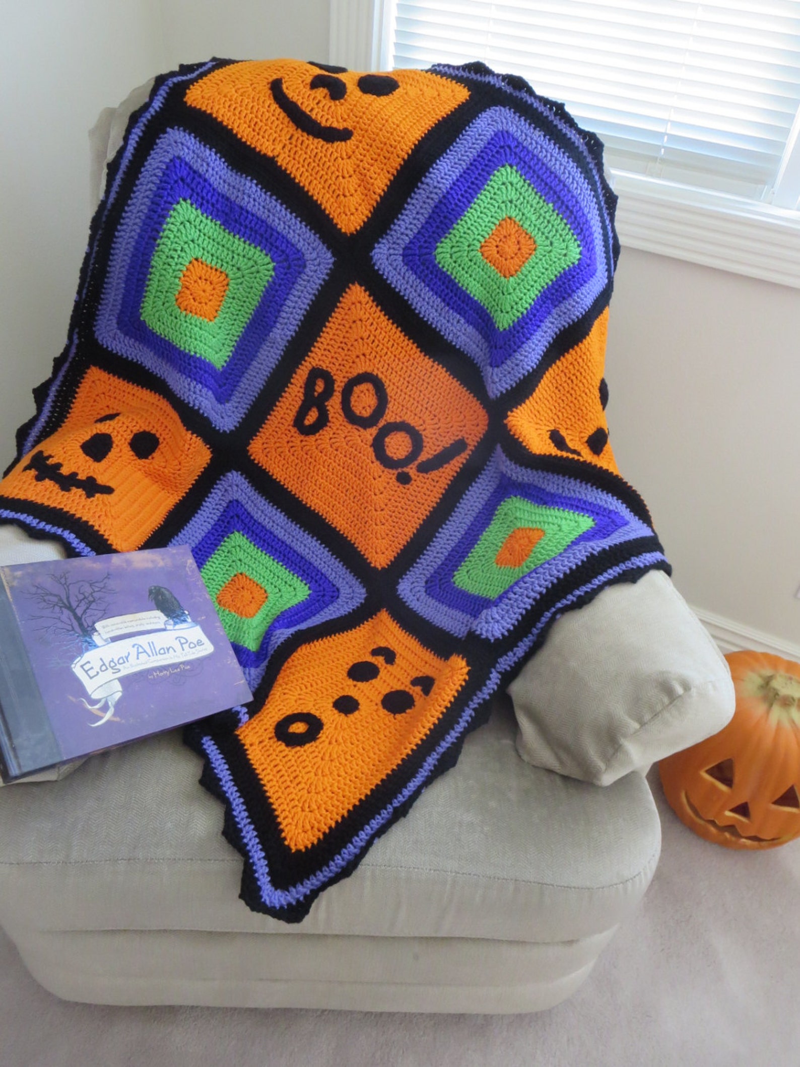 BOO Halloween Crocheted Afghan / Blanket / Throw ; Pumpkin and Neon ...